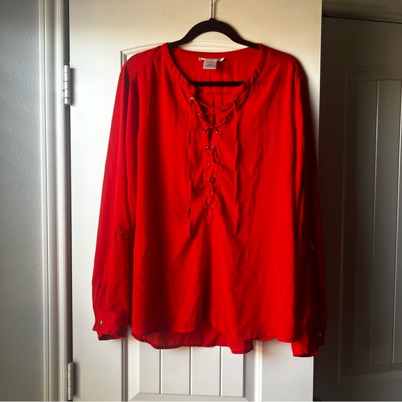 K.Jordan | Tops | Kjordan Red Criss Cross Long Sleeve Blouse Xl | Poshmark